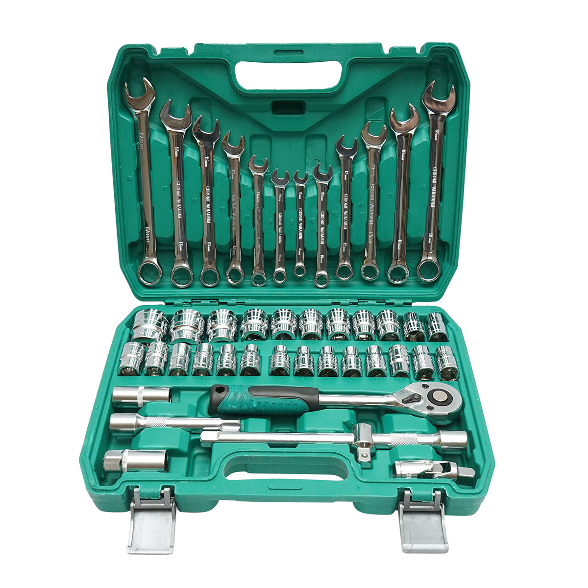Combined tubular wrench set 8-32mm and fixed wrenches 8-19mm, 1/2 ratc ...